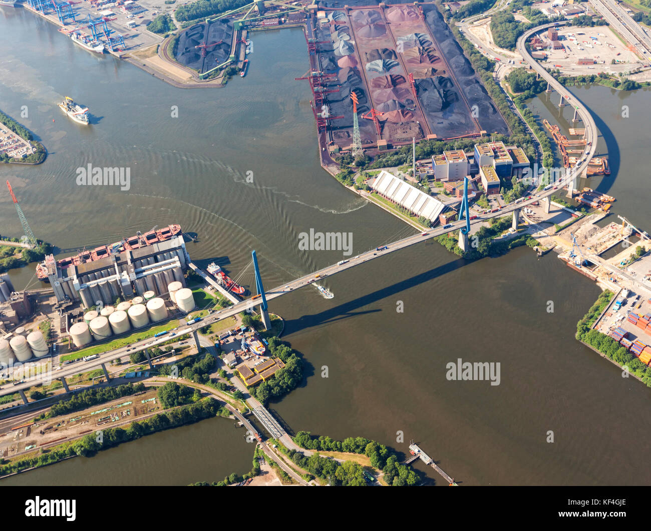 Aerial view of Hamburg harbor around Köhlbrandbrücke bridge Stock Photo ...