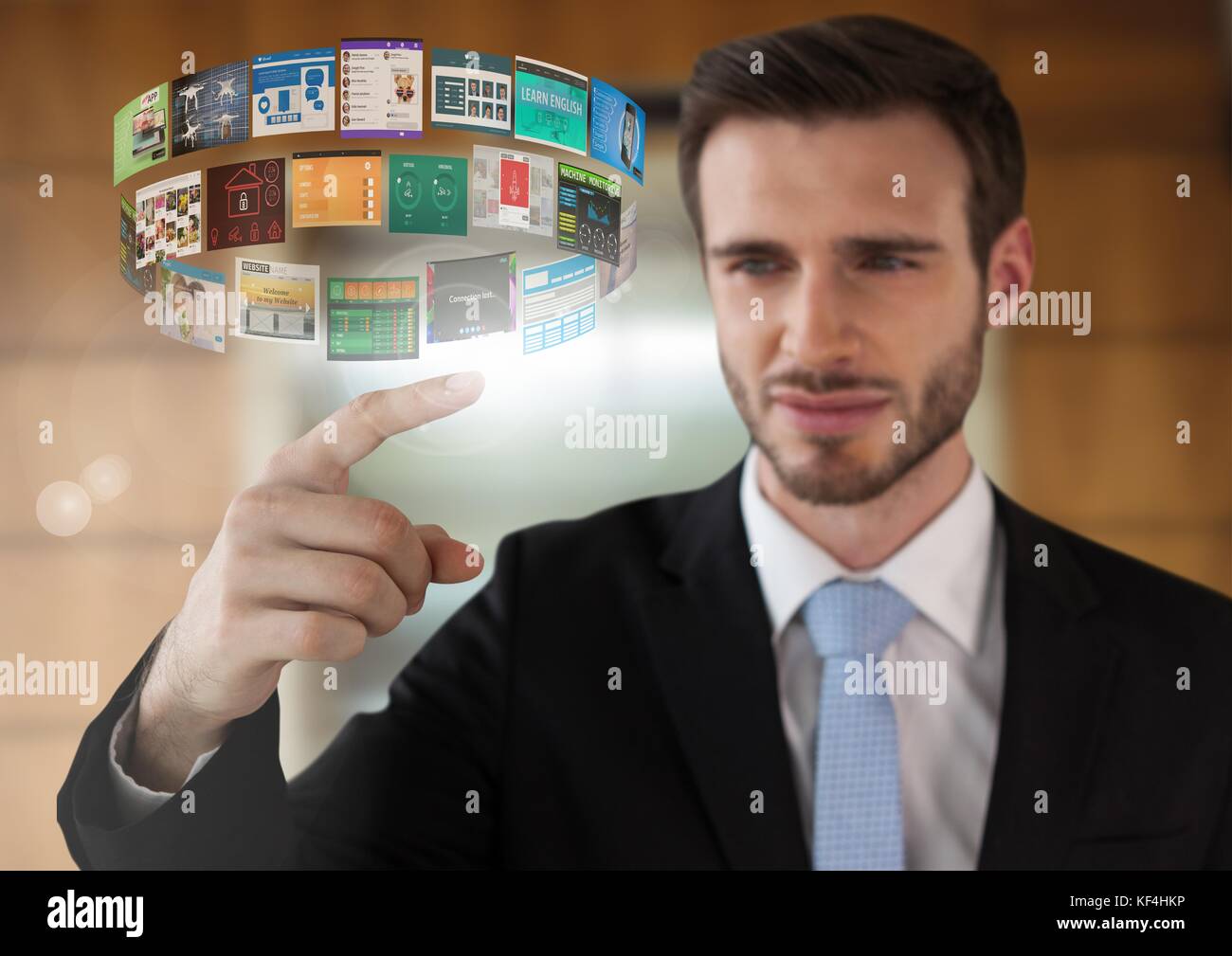 Digital composite of Screen interface and Businessman touching air in ...