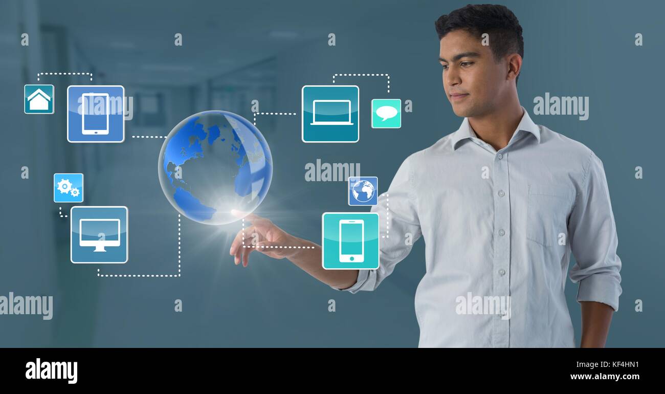 Digital composite of World devices interface and Businessman touching ...