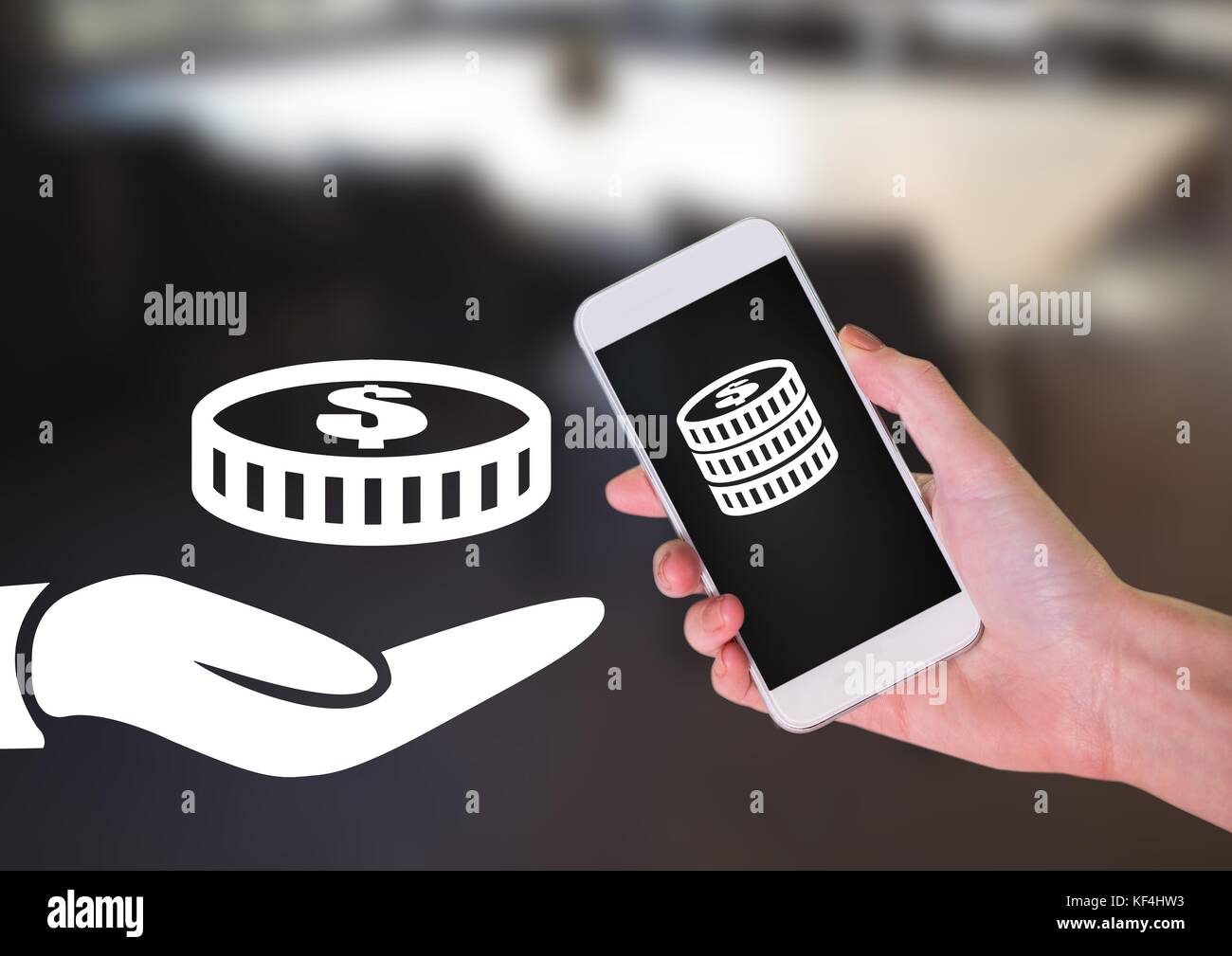 Digital composite of Hand using phone sending and receiving money icons ...