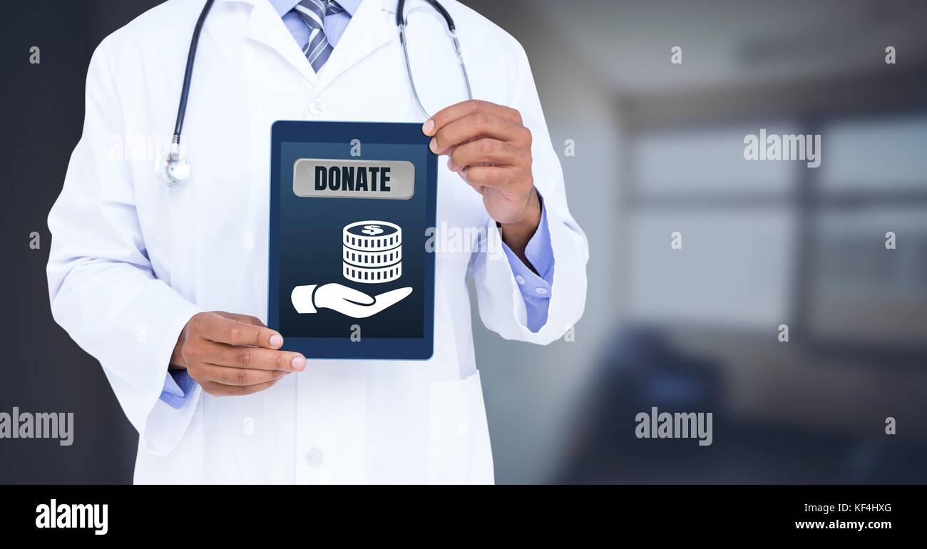 Digital composite of Doctor holding tablet with donate button and hand ...
