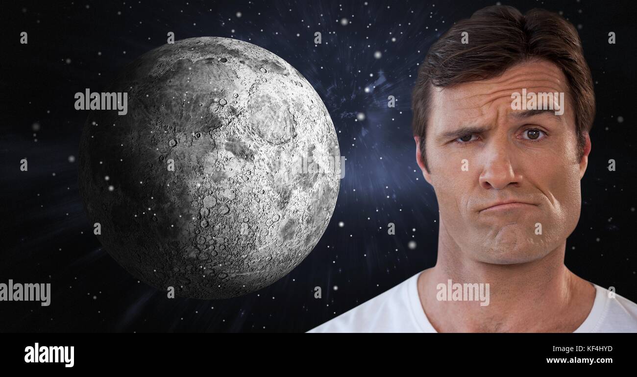 Digital composite of Man looking confused and indecisive with moon and ...