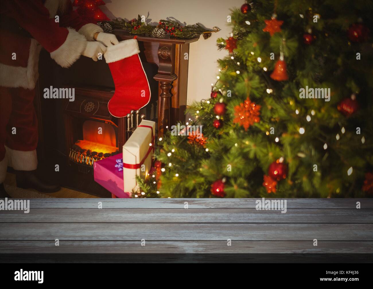 Digital composite of Wooden floor with Christmas theme background Stock ...