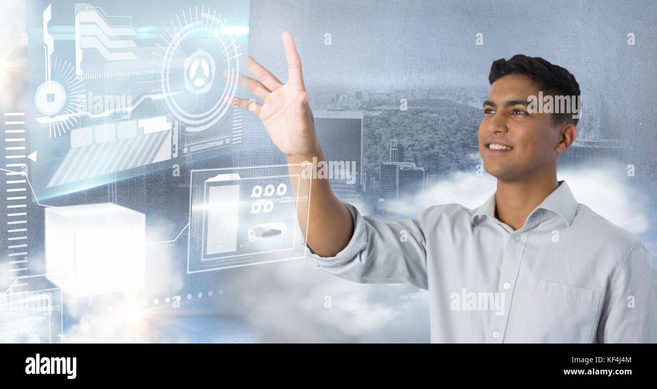 Digital composite of technology interface and Businessman touching air ...