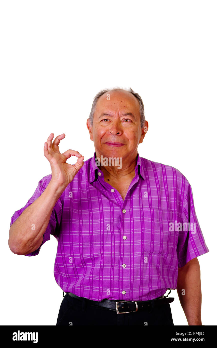 Portrait of a happy old man, doing a successful sign with his hand and ...