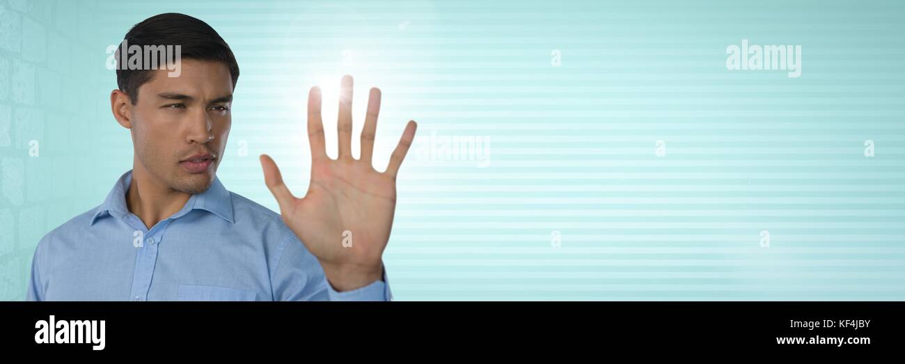 Digital composite of Businessman touching air with open hand in front ...