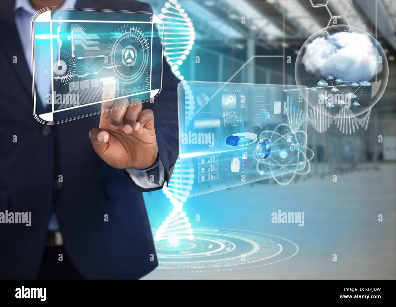Digital composite of Technology interfaces and Businessman touching air ...