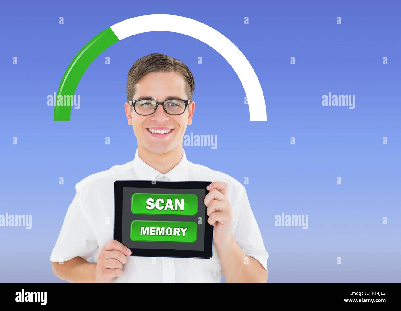 Digital composite of Man holding tablet with memory scan status bar ...