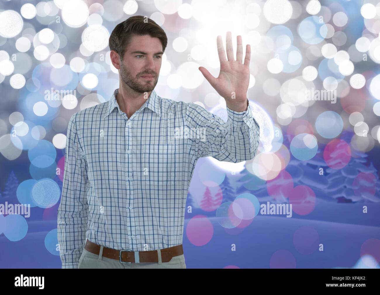 Digital composite of Businessman touching air with open hand in front ...