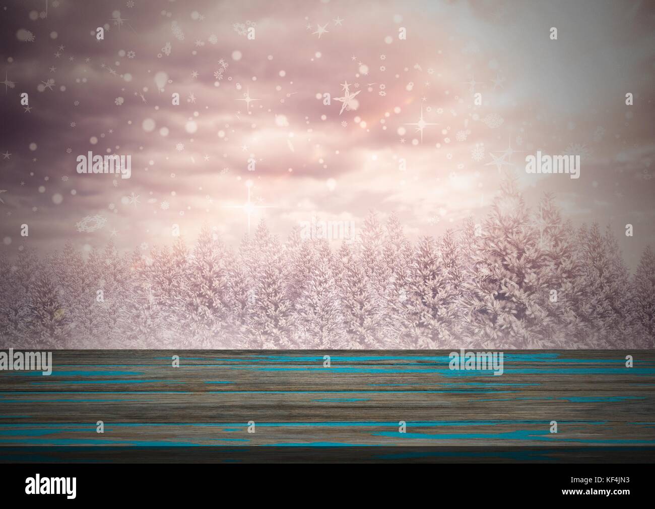 Digital composite of Wooden floor with Winter background Stock Photo ...