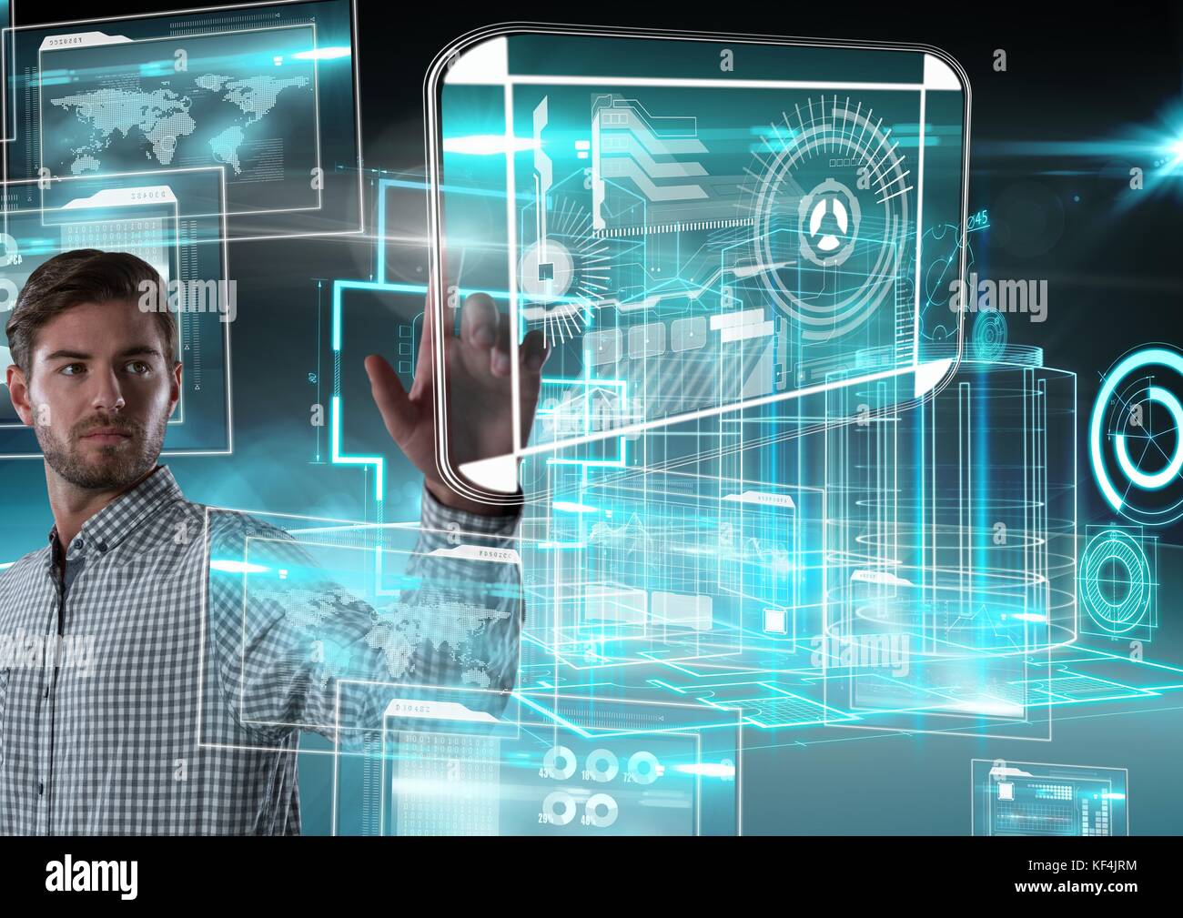 Digital composite of Technology interface and Businessman touching air ...