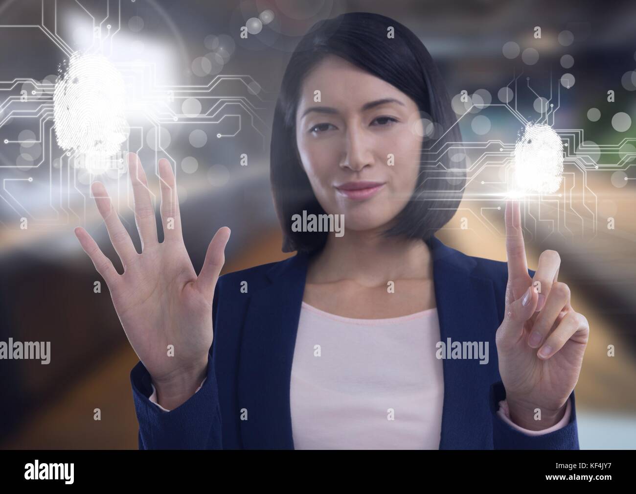 Digital composite of Finger ID interface and Businesswoman touching air ...