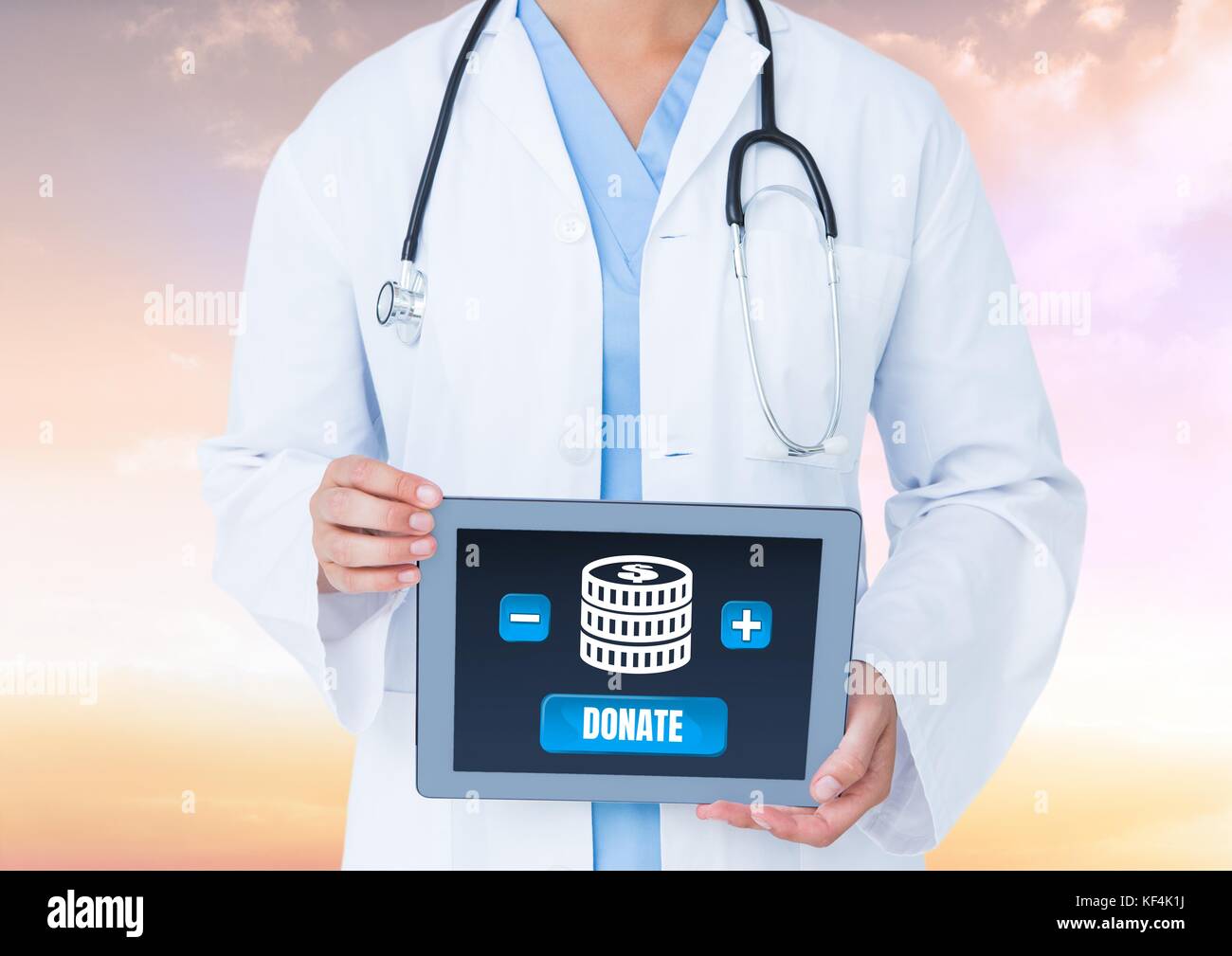 Digital composite of Doctor holding tablet with money donate button and ...