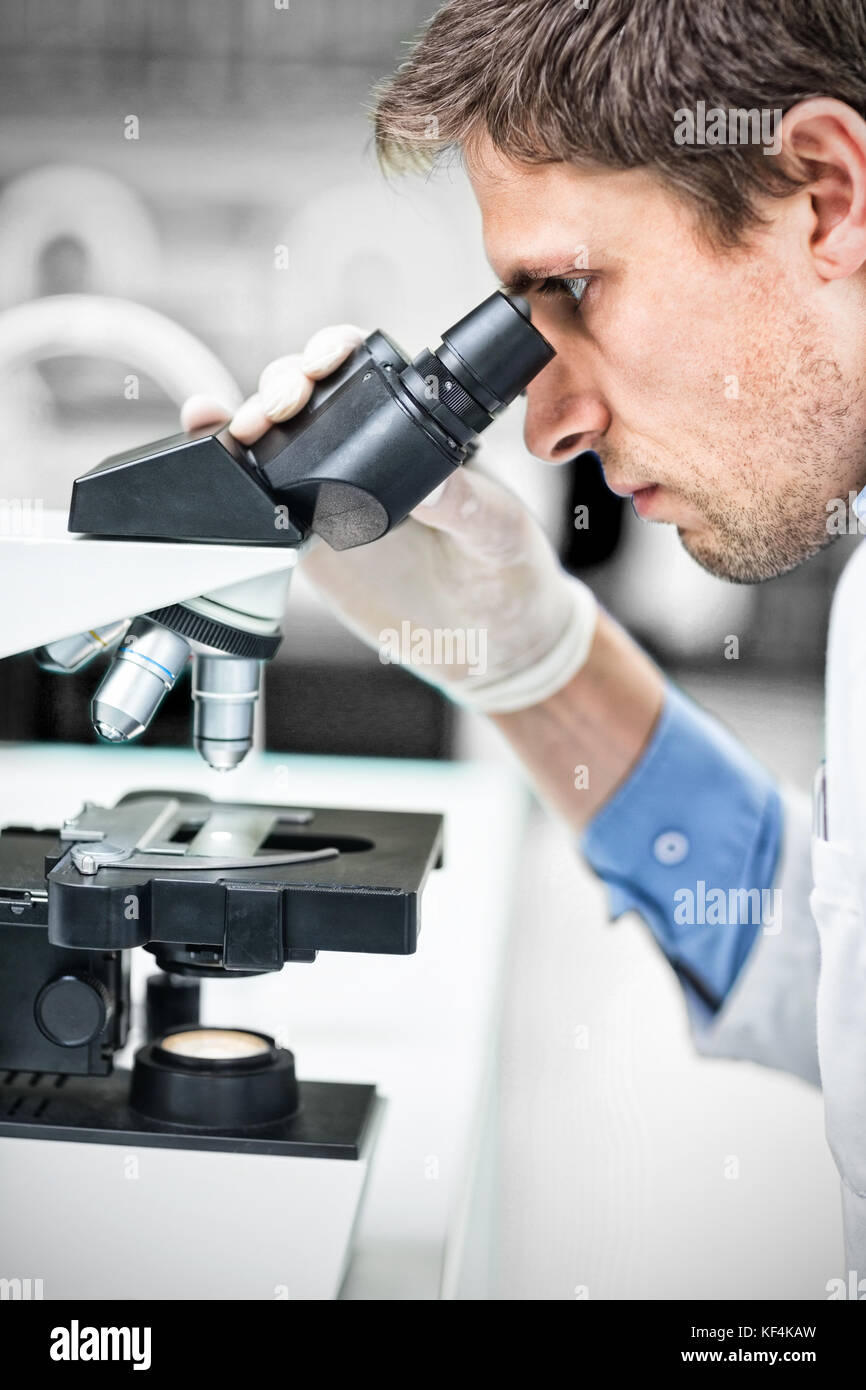 Close up side view of a male scientific researcher using microscope in ...