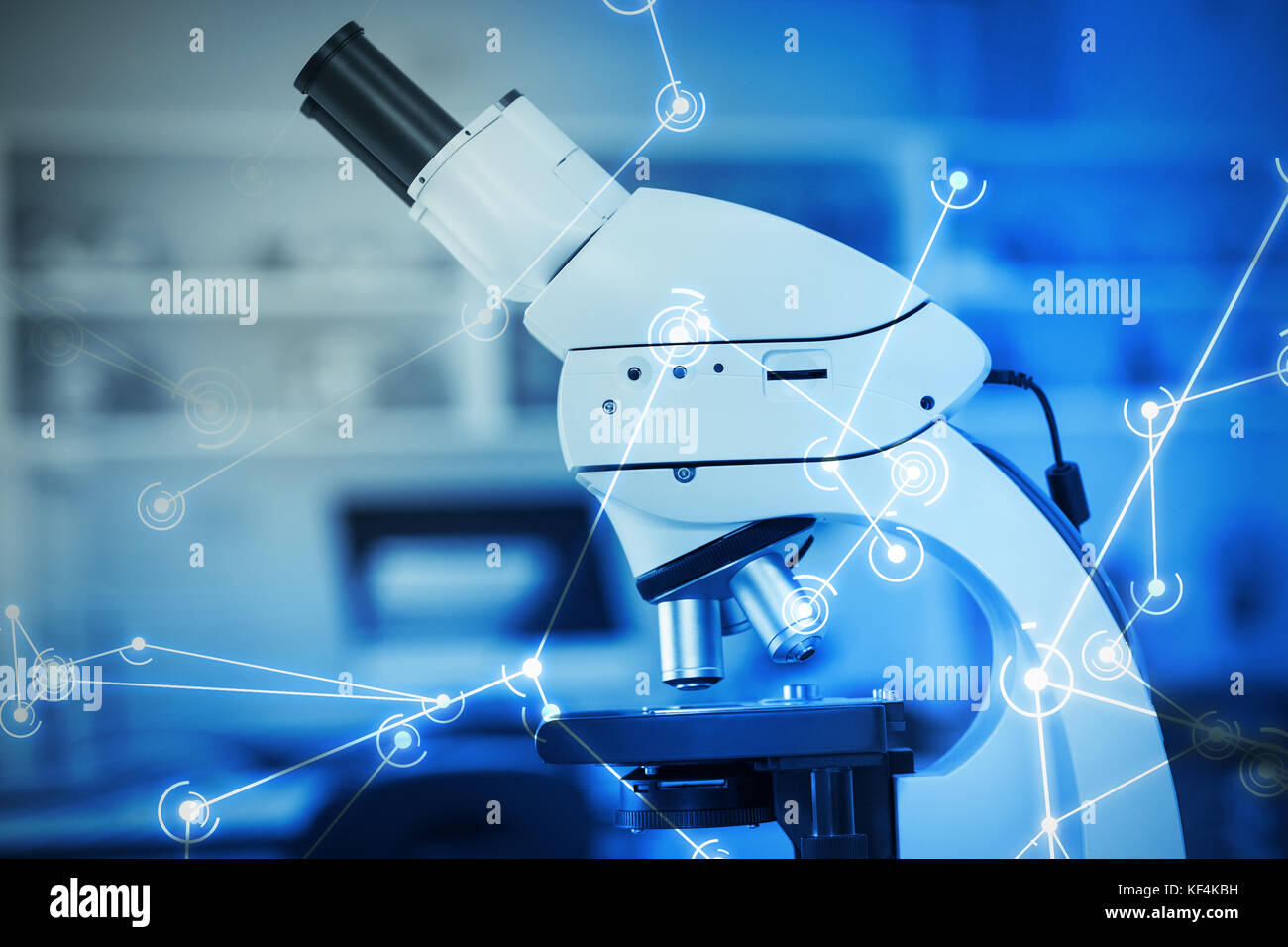 Digitally generated image of molecular structure on screen against ...