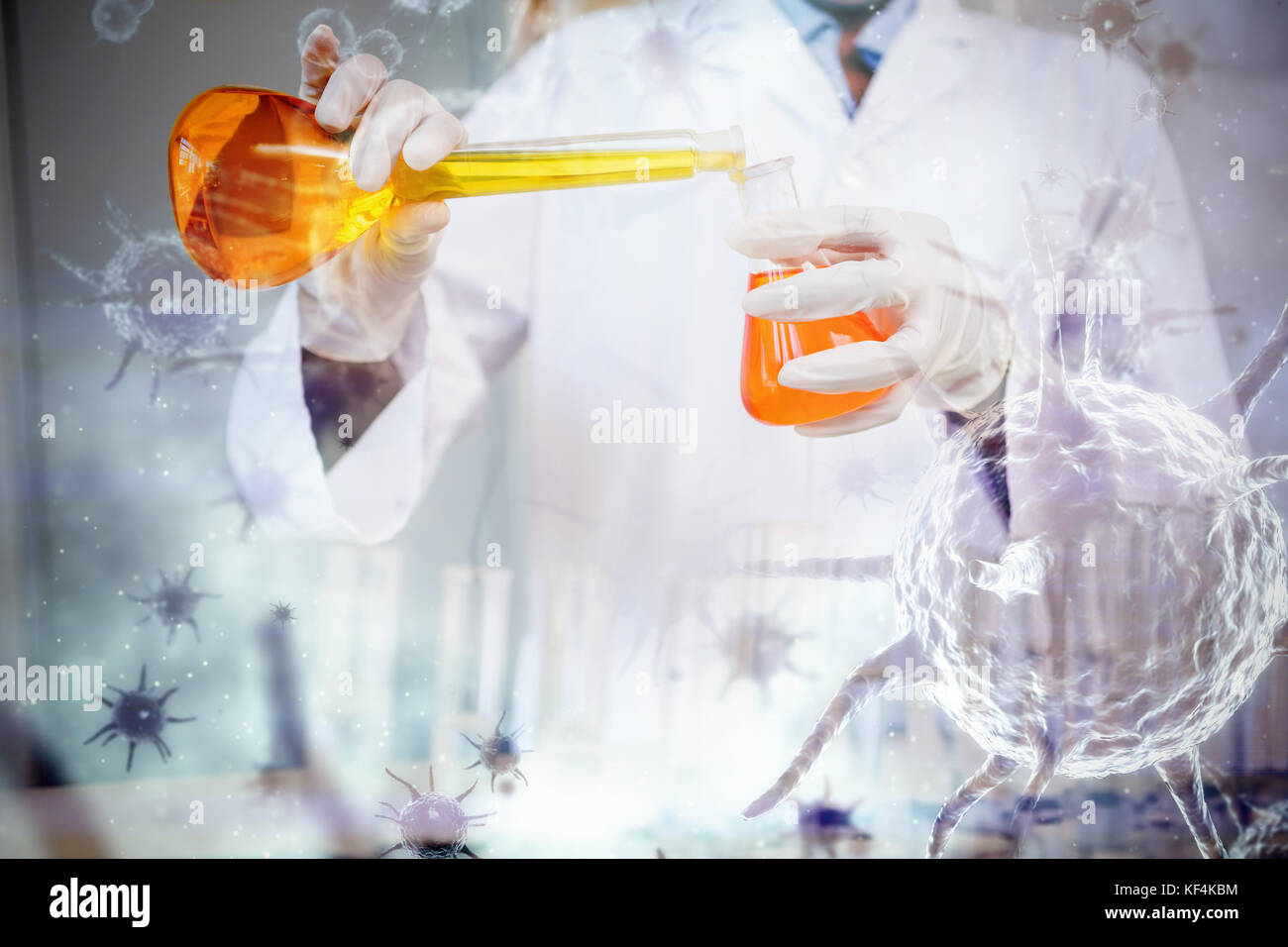 Digital image of blue virus against scientist making chemical Stock ...
