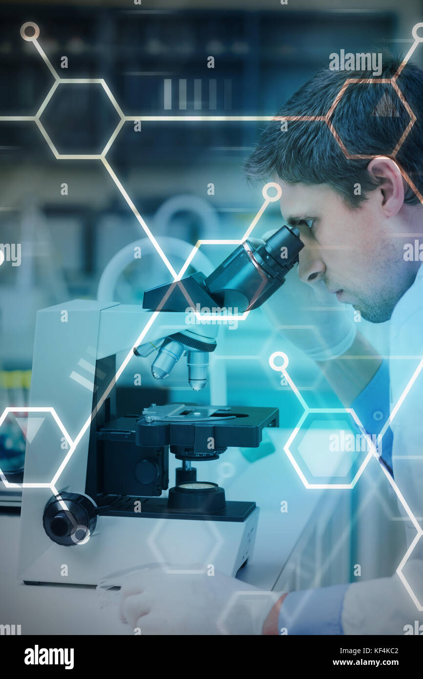 Digital data against scientific researcher using microscope in the ...
