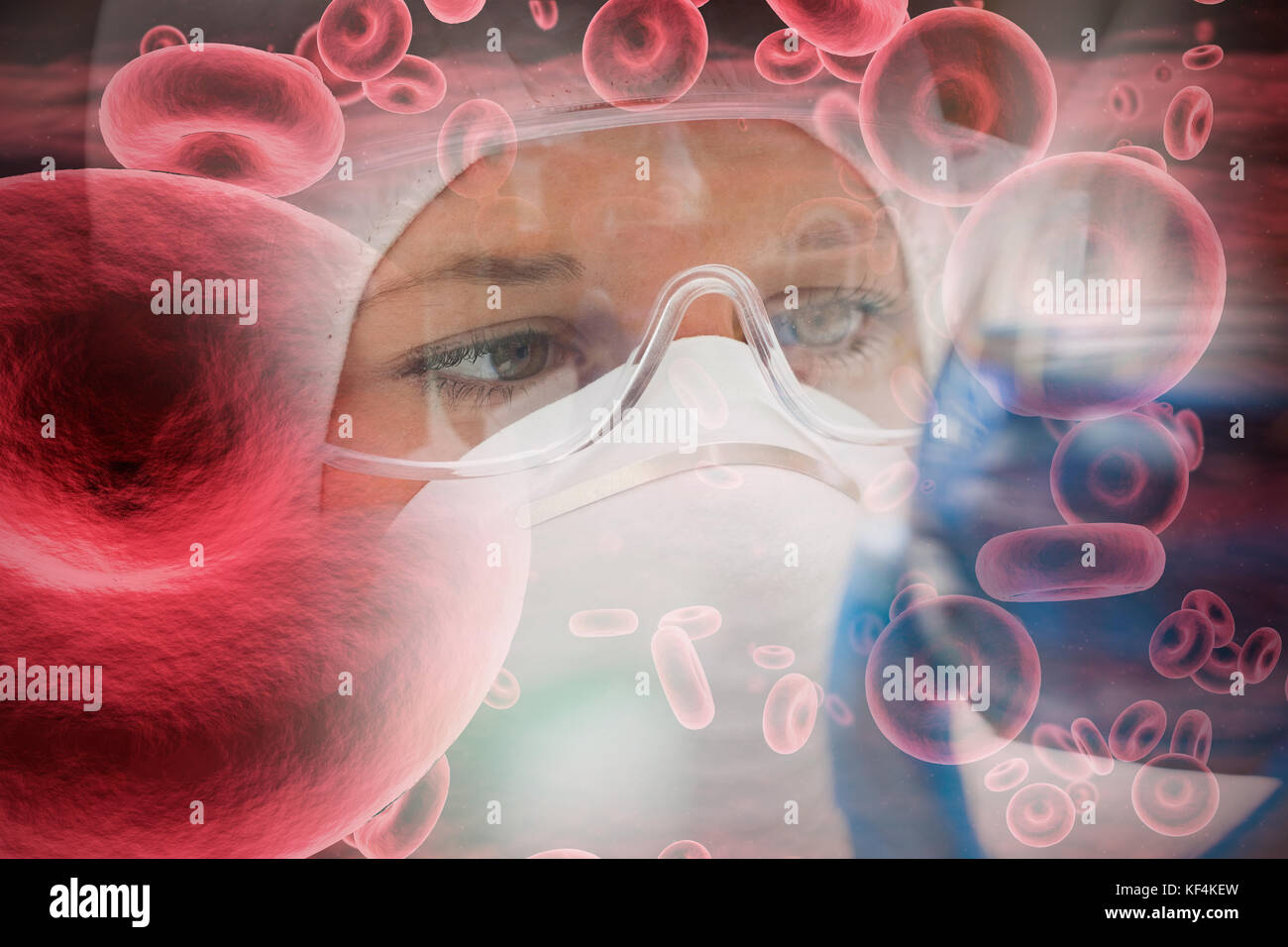 Red blood cells in human body against scientist working in laboratory ...