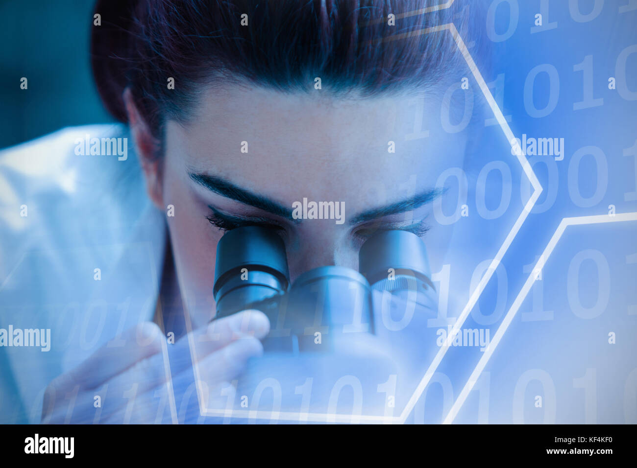 Digital image of hexagon shape with binary numbers on screen against young scientist looking ...