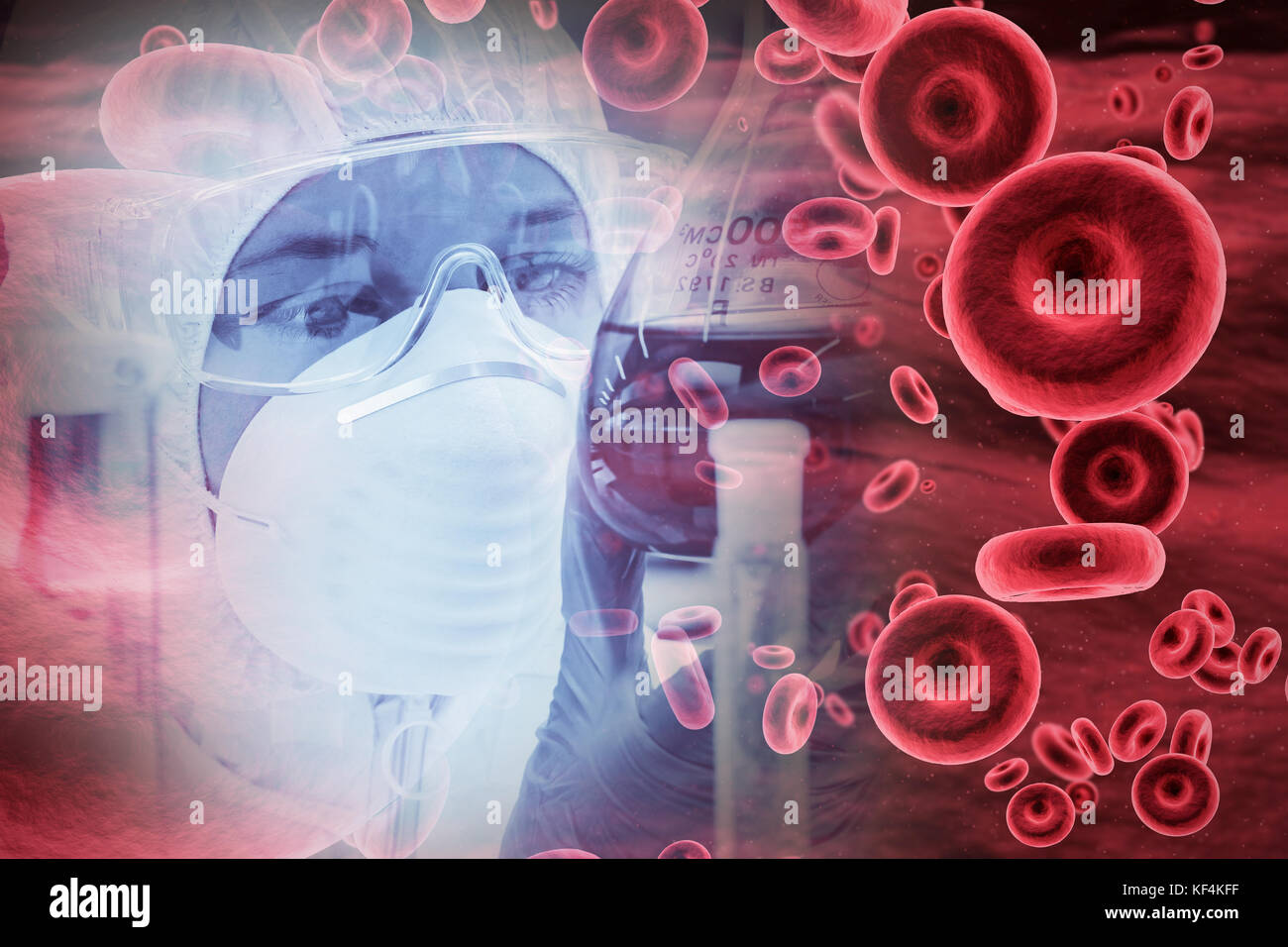 Red blood cells in human body against scientist working in laboratory ...