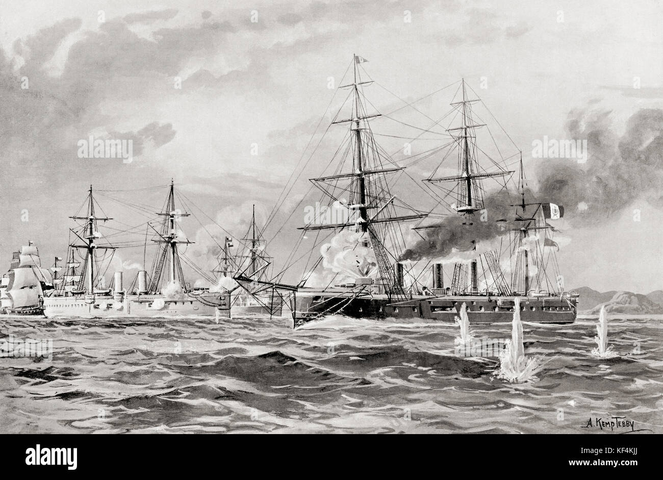 The engagement between the Peruvian ship Huáscar and Chilean warships ...