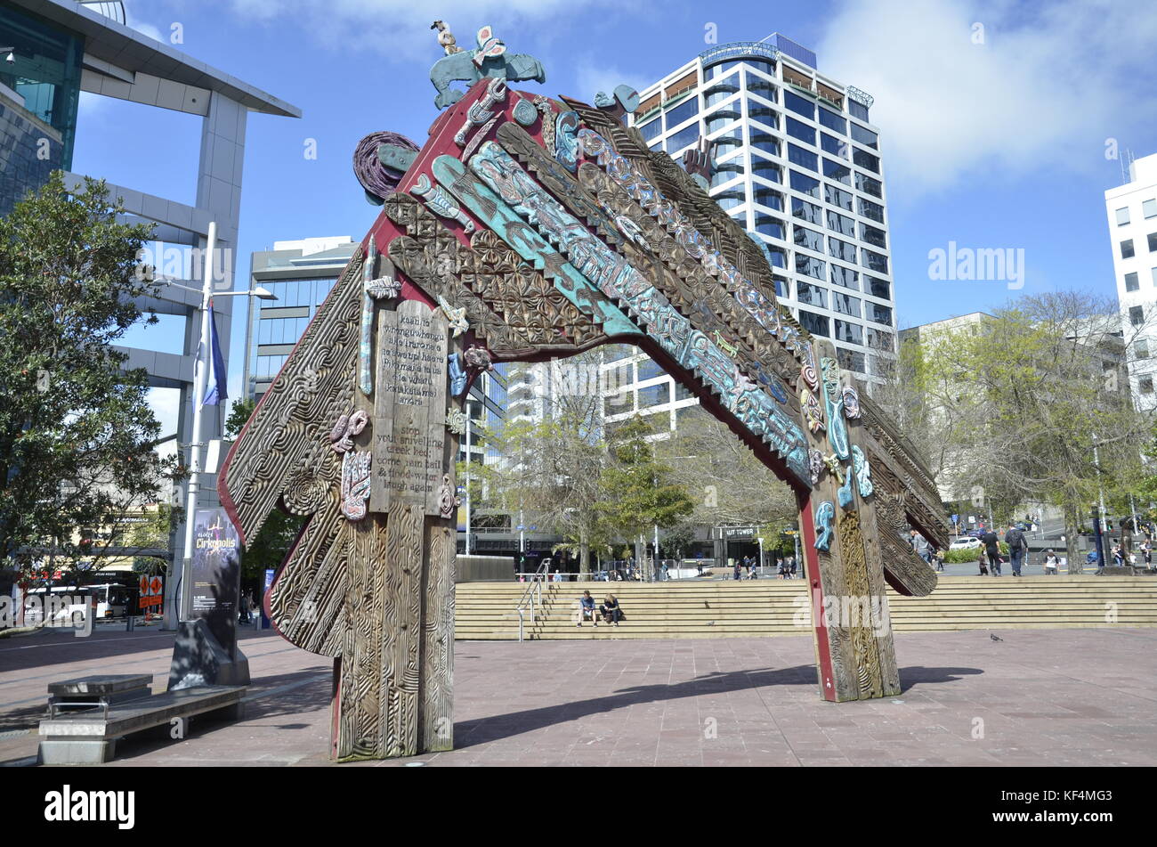 Waharoa, a sculptured representation of a traditional Maori entry gate ...