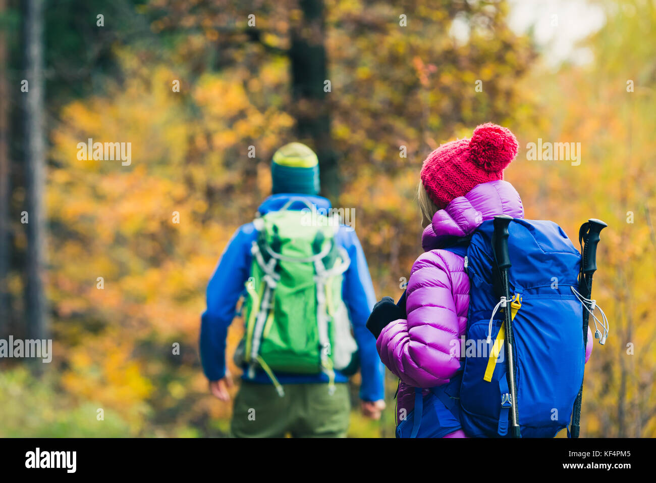 Happy Couple Hikers Trekking In Beautiful Yellow Autumn Forest And