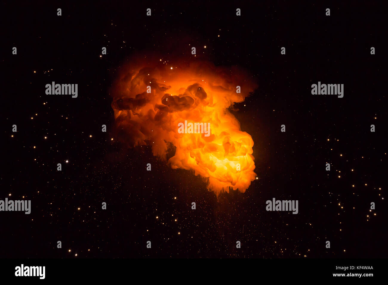 Realistic fiery explosion with sparks over a black background. Fireball ...