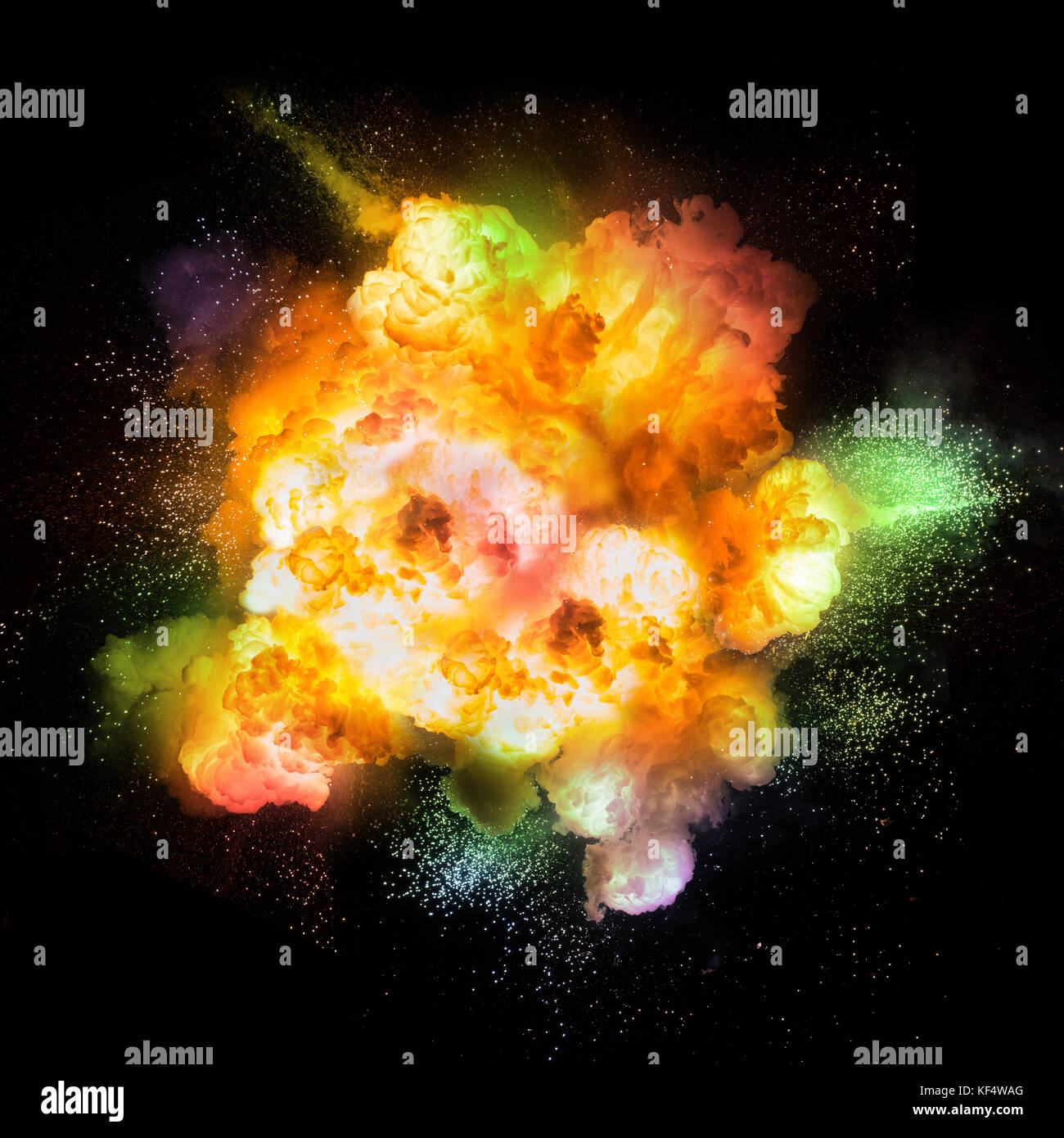 Realistic fiery explosion with sparks over a black background. Fireball ...