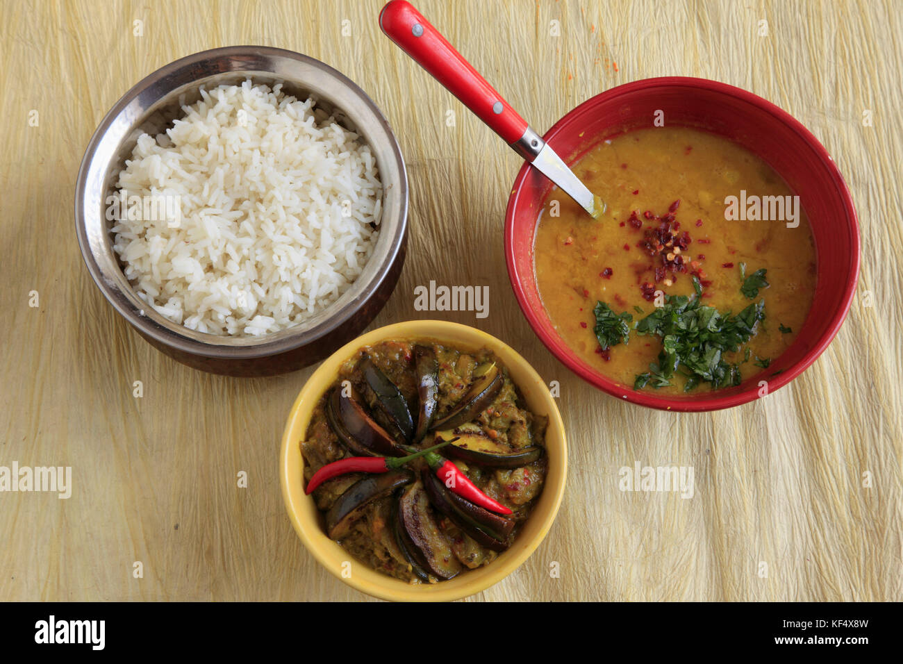 Basmati rice, eggplant curry, lentil soup Stock Photo - Alamy