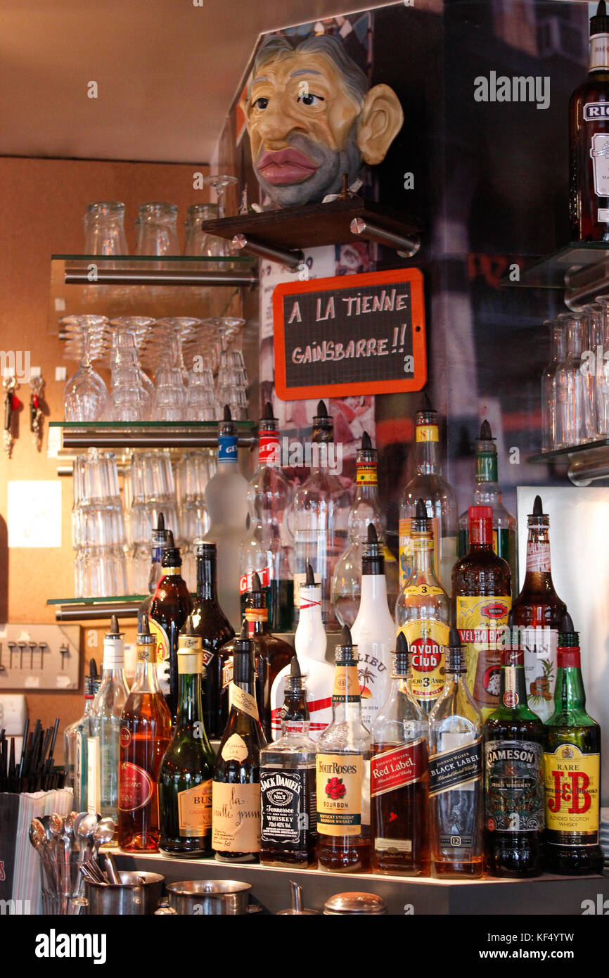 France, Paris, zoom on alcohol bottles with "Serge Gainsbourg" effigy ...