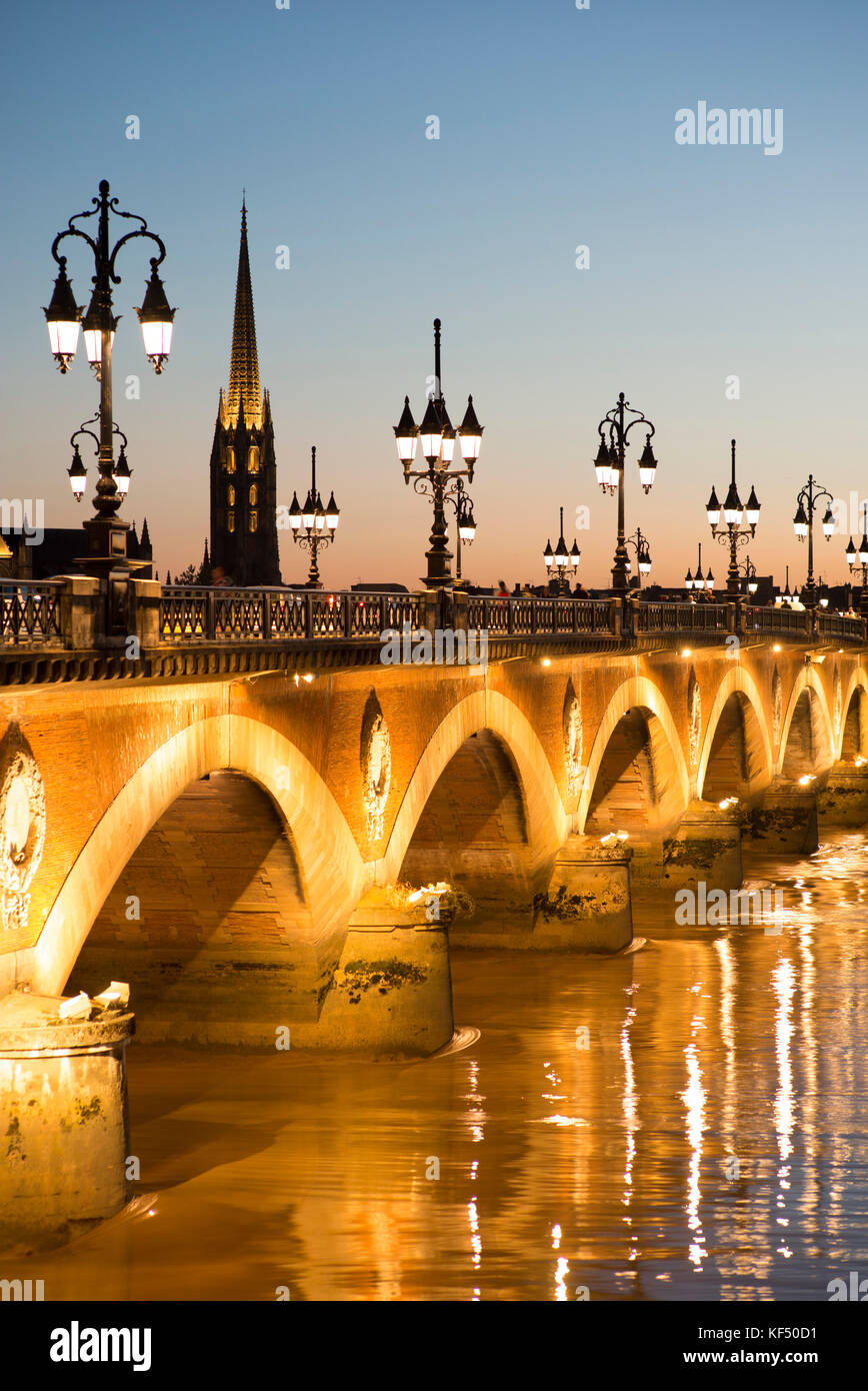 France, South-Western France, Bordeaux, Pont de Pierre, spire of St ...