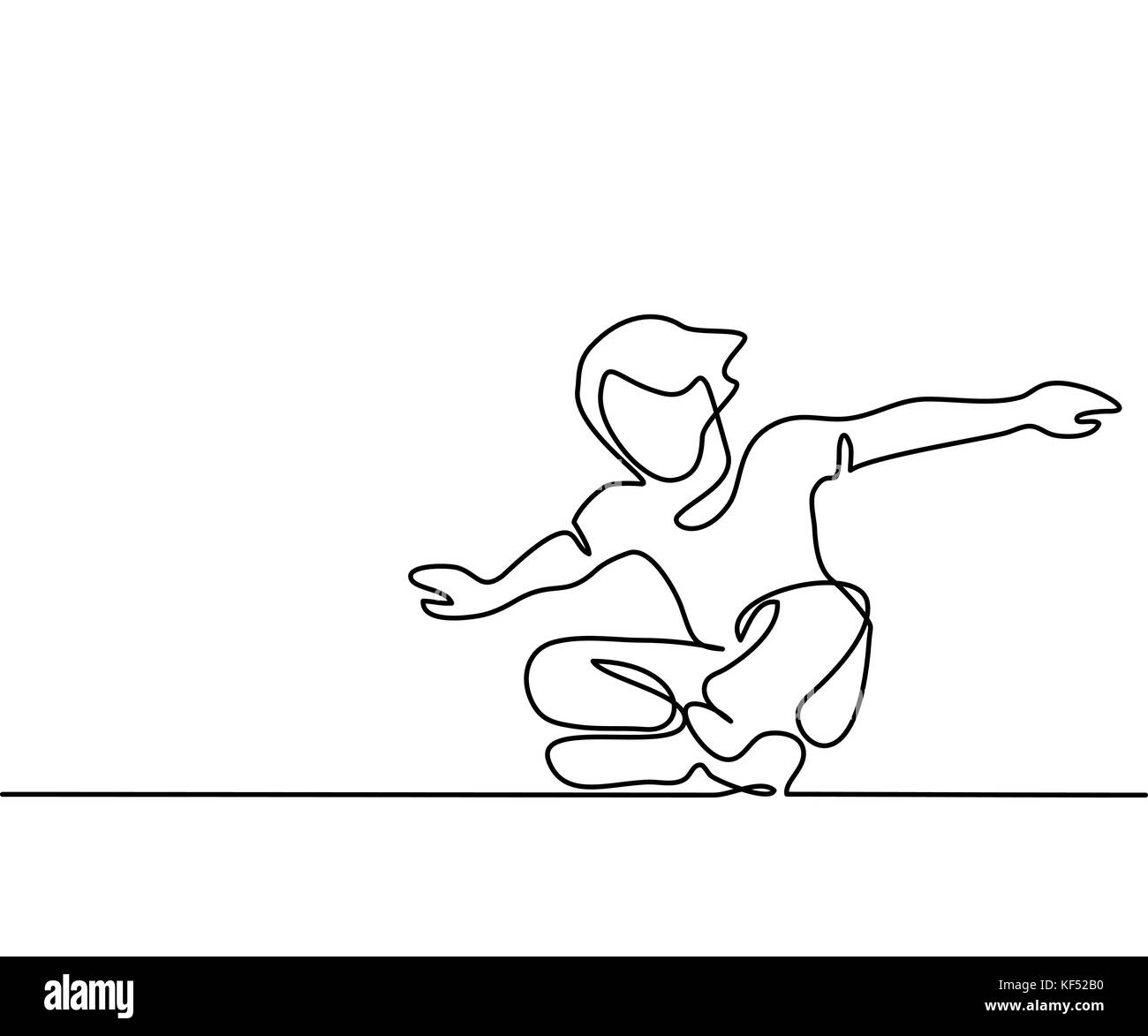 Small boy dreaming about flying. Vector illustration. Continuous line ...
