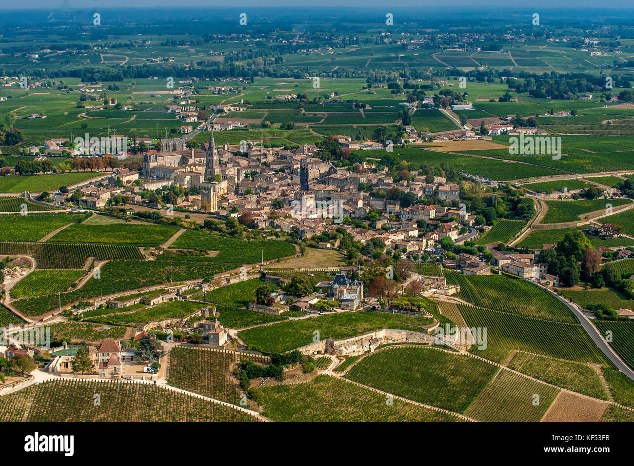 France, Gironde, aerial view of Chateau Ausone and Saint-Emilion ...