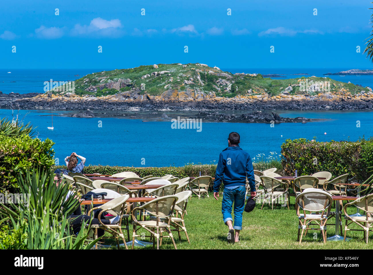 Normandy, Manche, the Grande Ile Chausey, restaurant tables on the ...