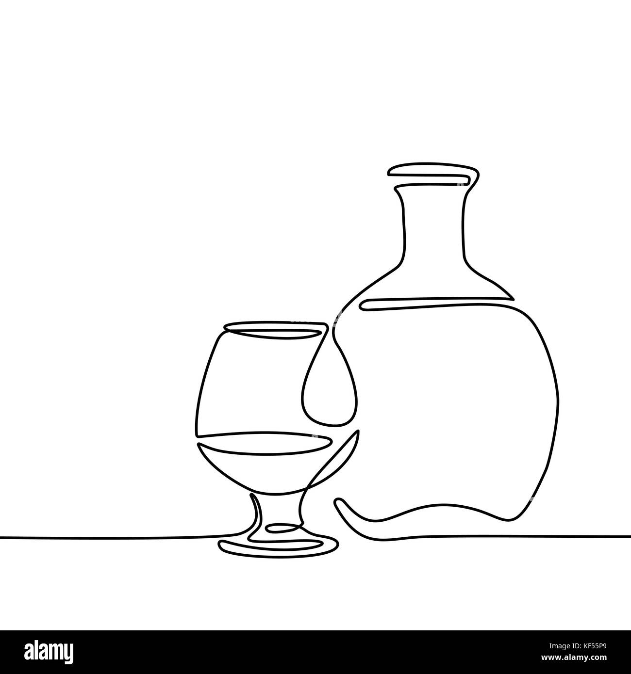 Cognac bottle and glass isolated on white background. Continuous line drawing. Vector ...