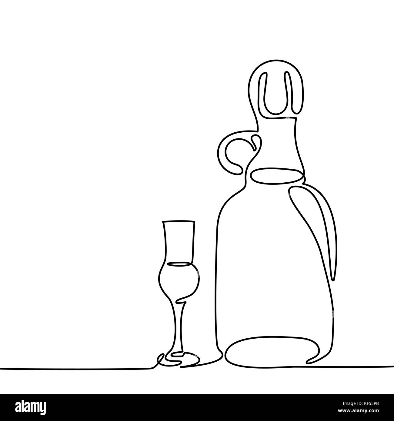 Grappa bottle and glass isolated on white background. Continuous line ...