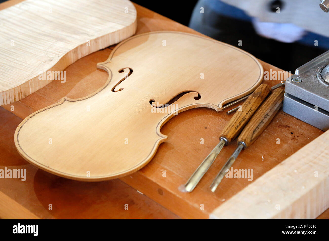 Crafts. Artisan luthier. Close-up on a violin being made Stock Photo ...