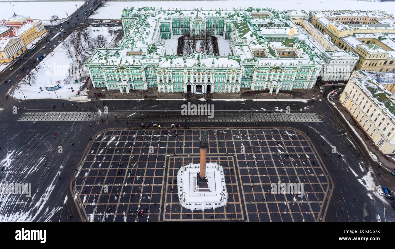 Aerial front view at the Winter Palace building, exterior with snowy ...