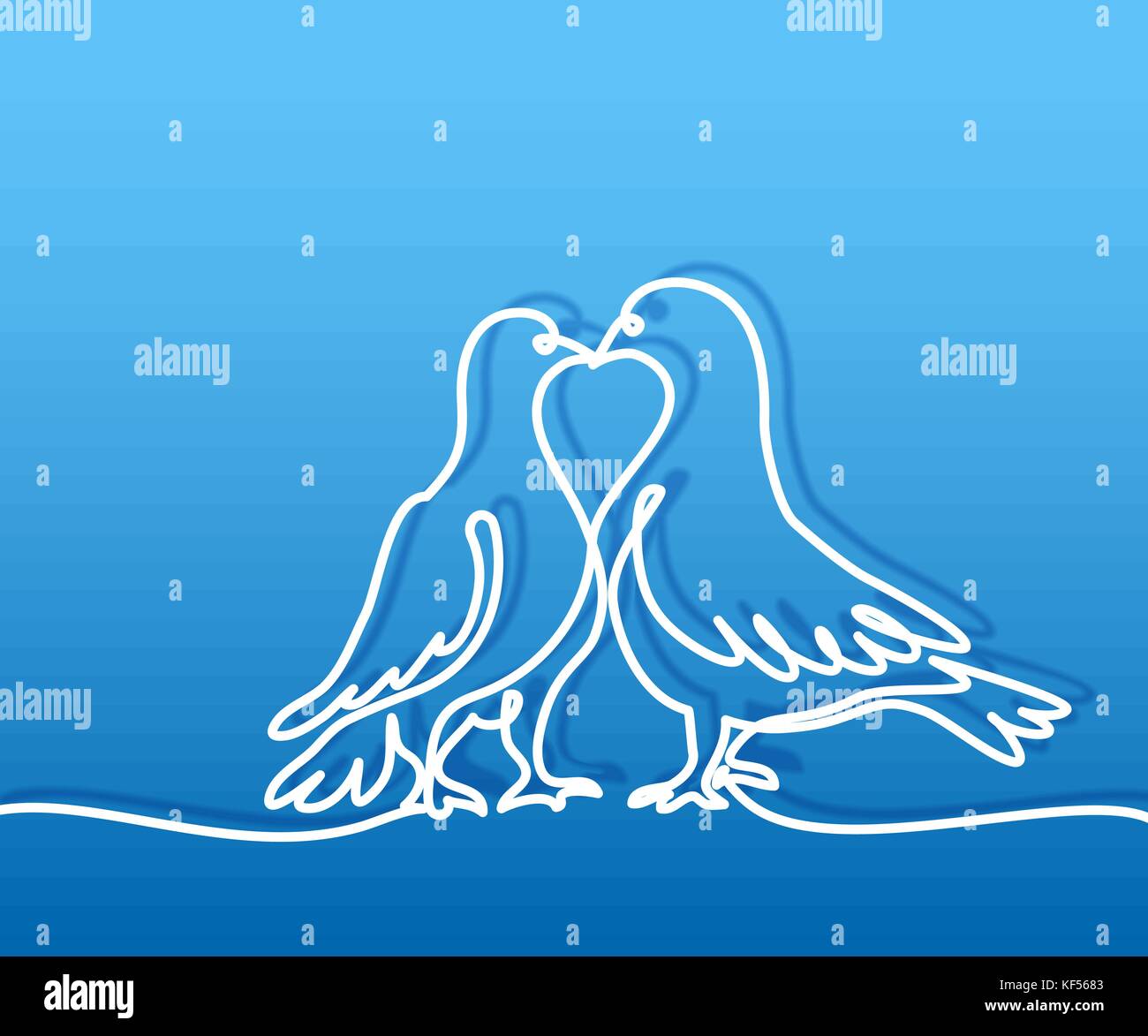 Continuous one line drawing. Two doves kissing logo. White on blue ...