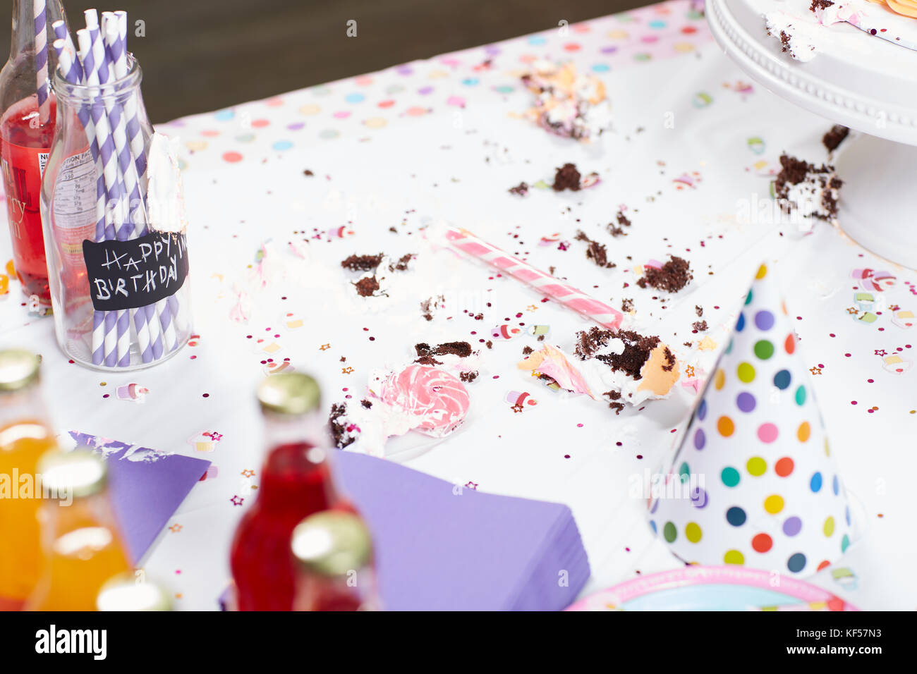 Dirty table with cake scraps and hats after birthday party Stock Photo ...