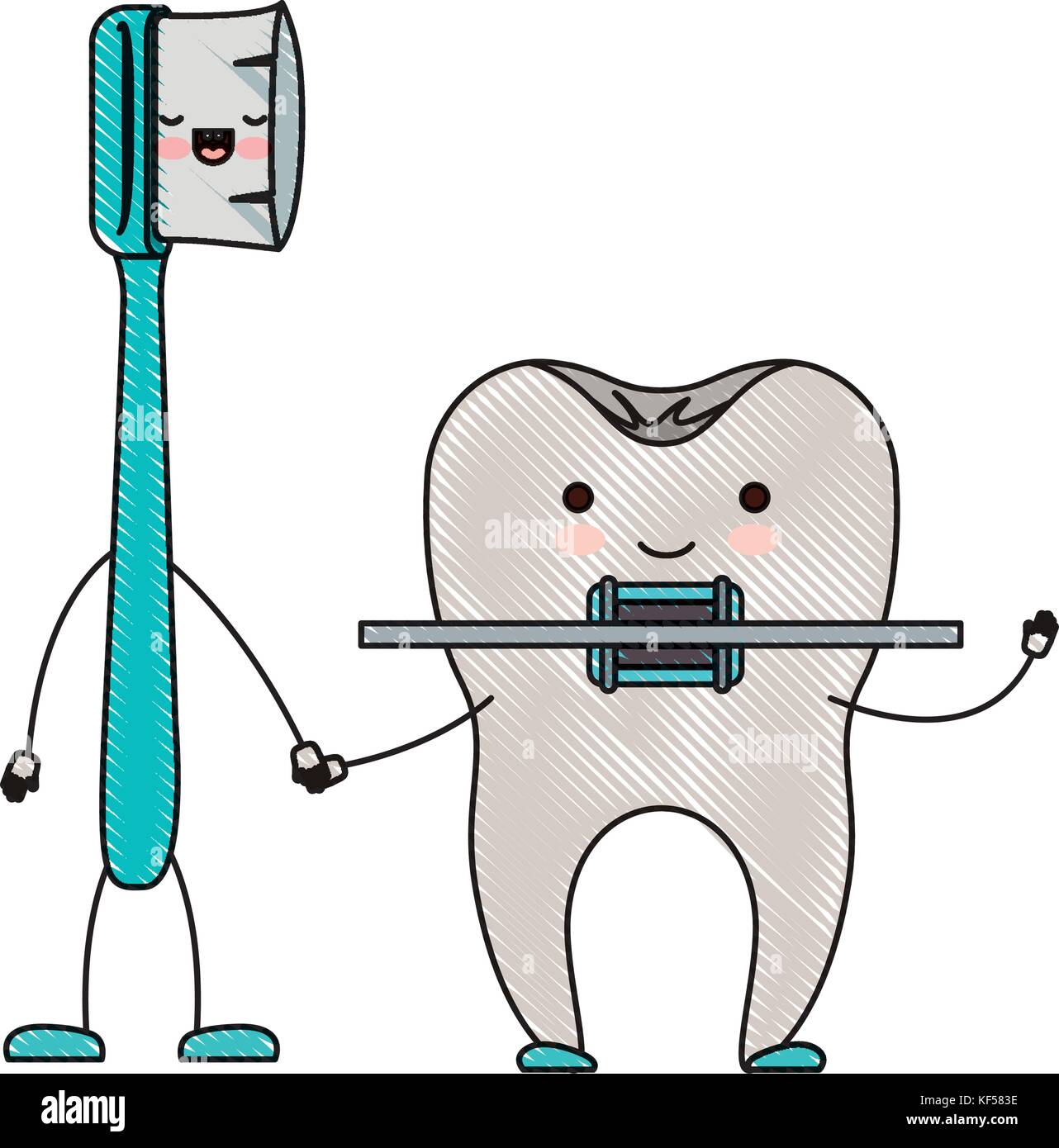 cartoon couple toothbrush and tooth with brace in colored crayon ...