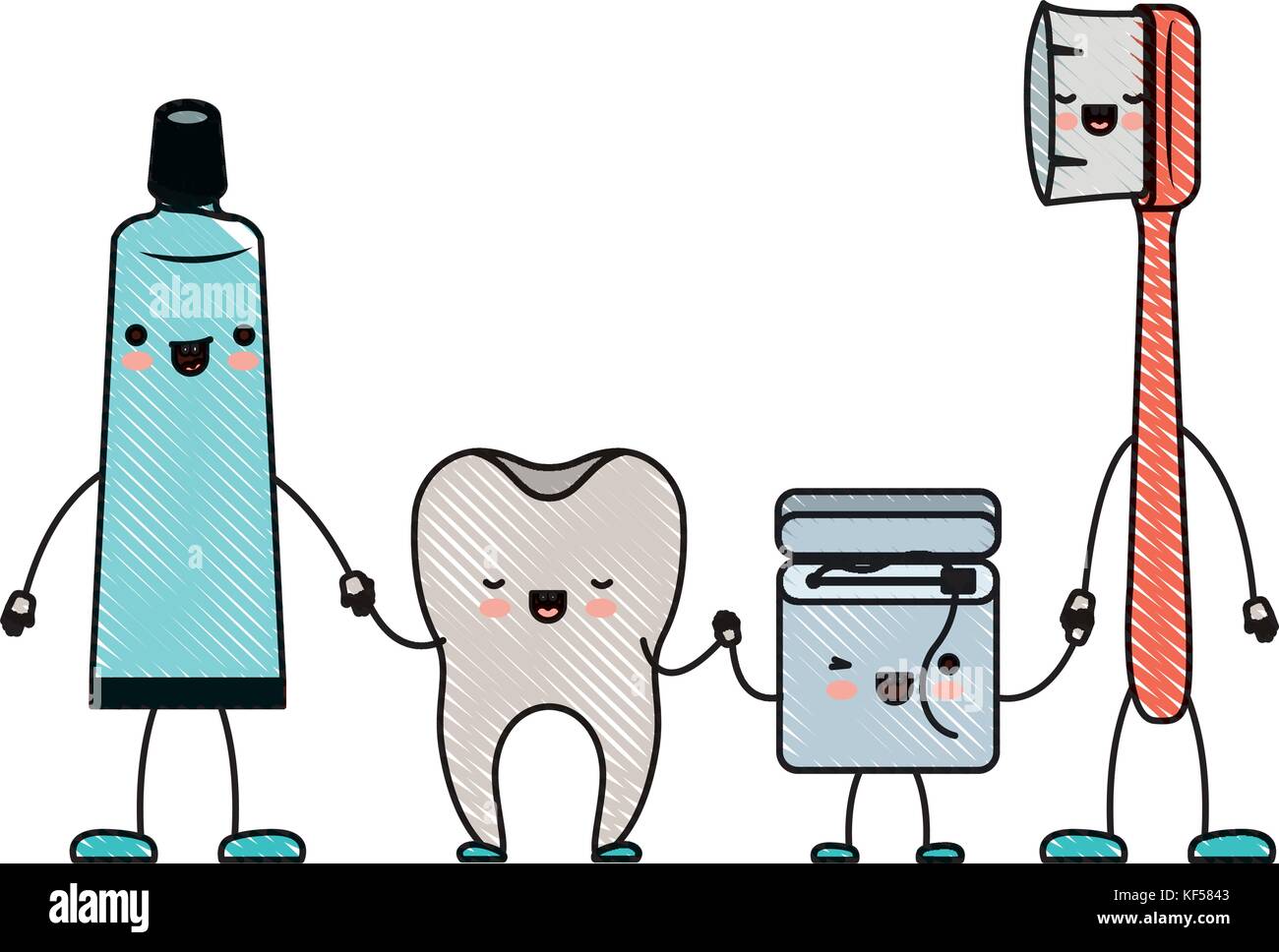 tooth and toothpaste and dental floss and toothbrush in cartoon holding ...