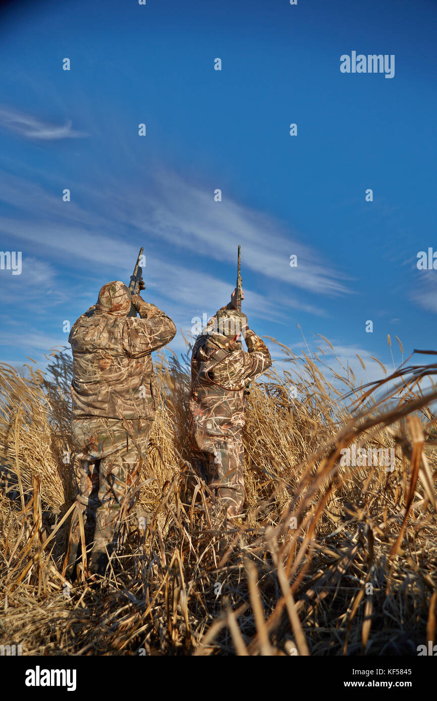 Two waterfowl hunters shooting with rifle into sky during duck hunting ...