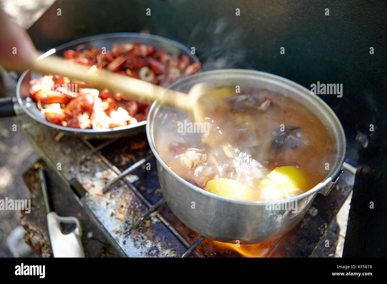 Cooking crawdads and fish over a gas burner in a pot of boiling water ...