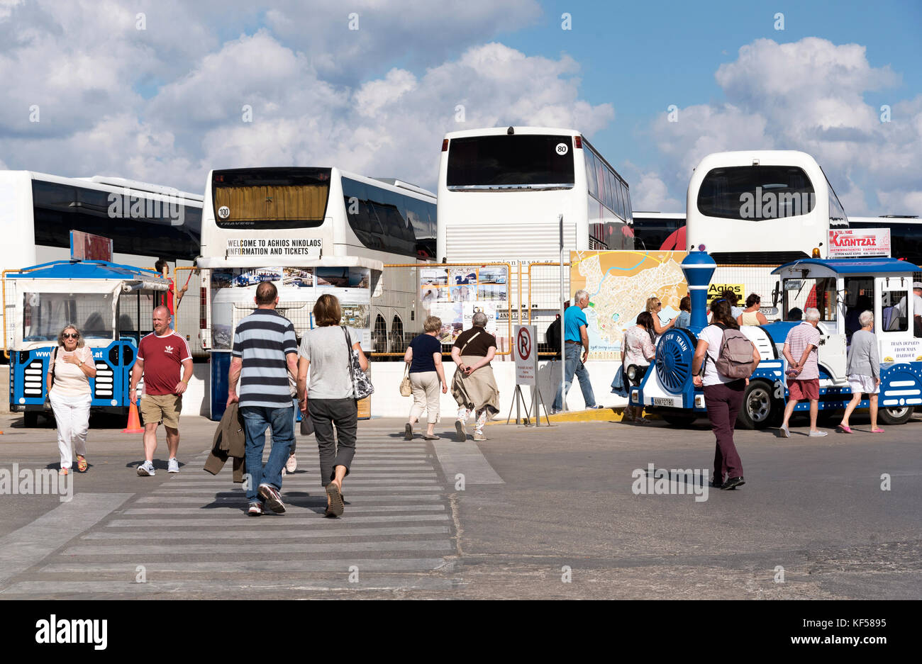 Agios Nikolas Crete, Greece October 2017. Tourists at the tour bus ...