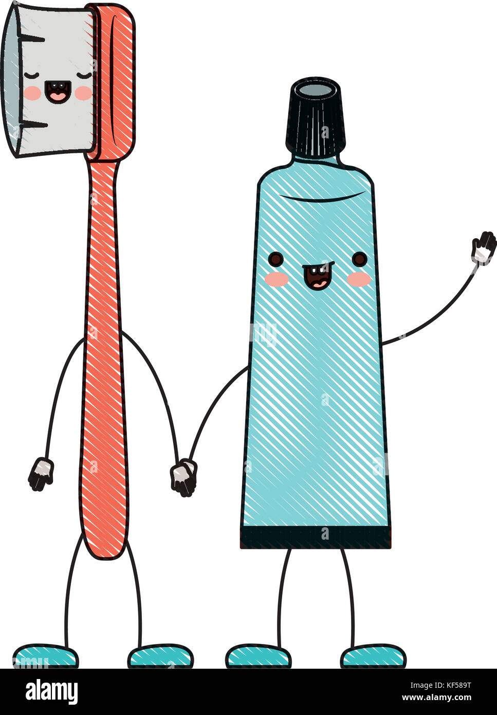 toothbrush and toothpaste in cartoon holding hands in colored crayon ...