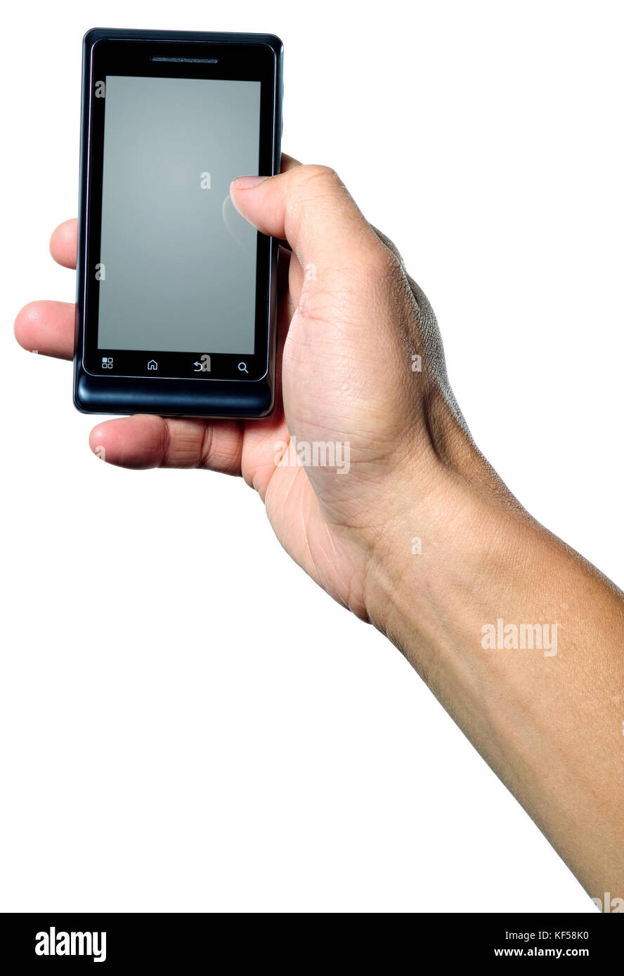 Human hand holding smartphone isolated against white background Stock ...