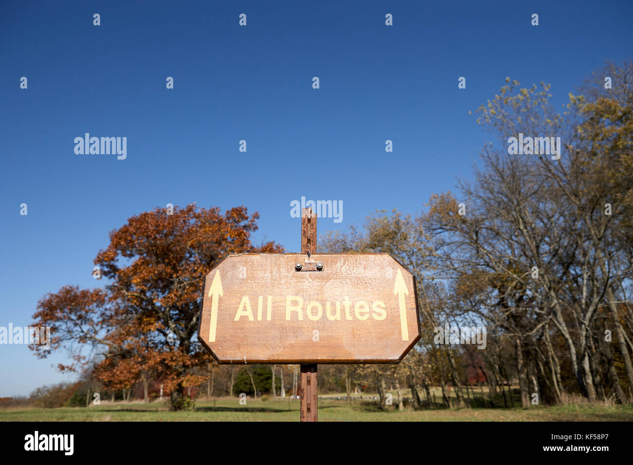 Rustic wooden sign All Routes with two arrows pointing straight ahead ...