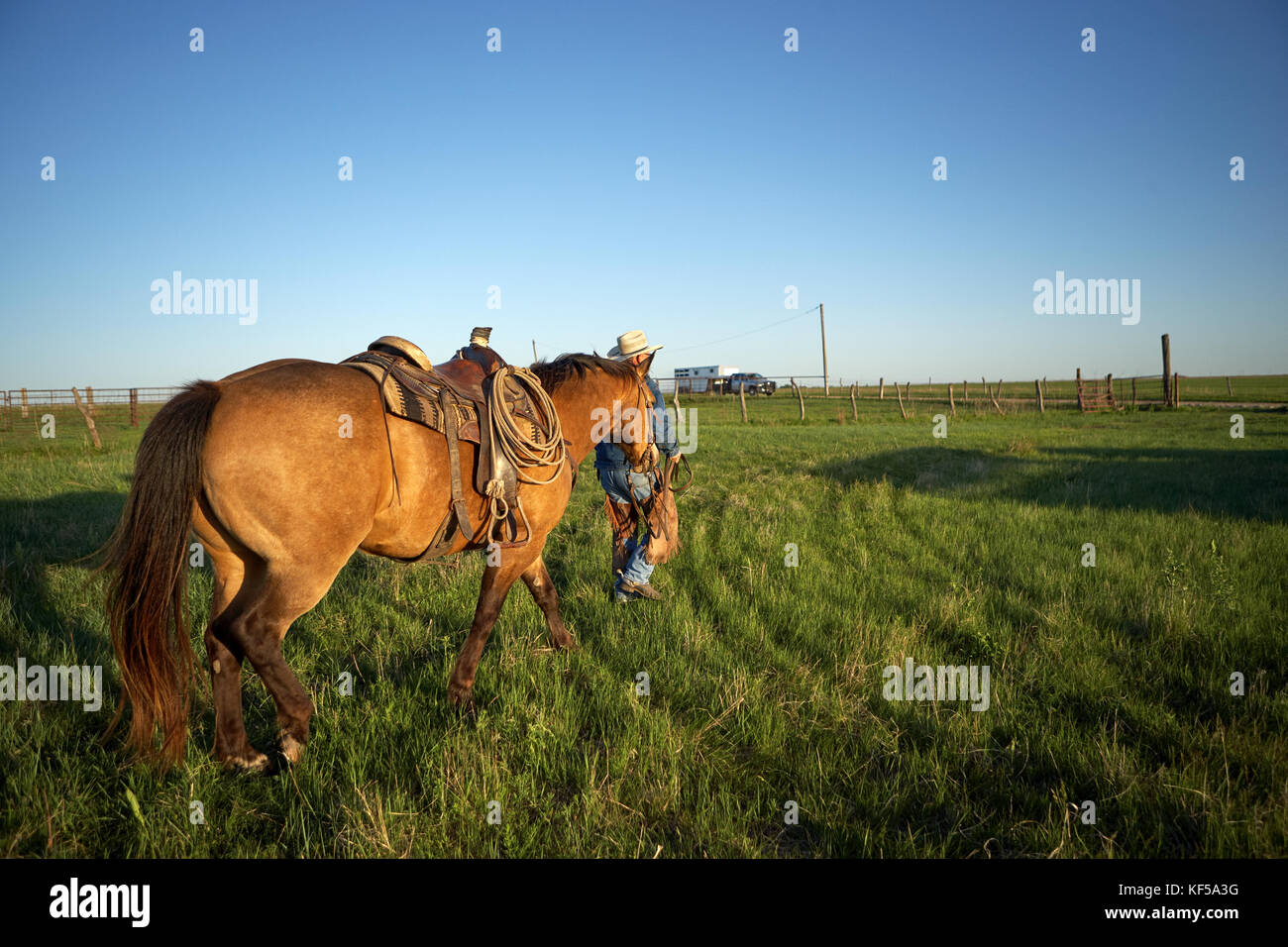 Cowboy walking with his horse trotting behind across a flat open ranch ...